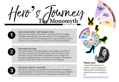 Hero's Journey Presentation, Teacher Notes & Handout | Teaching Resources