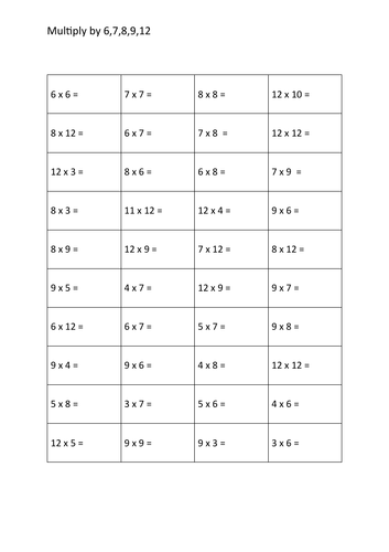 Times tables worksheet – 6,7,8,9,12 | Teaching Resources