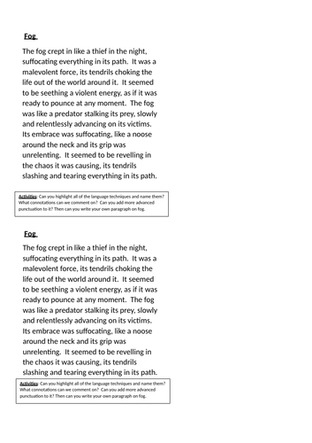 GCSE English Language Creative writing fog personification starter ...