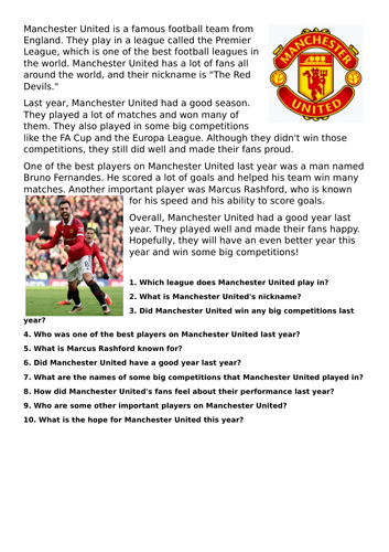 Manchester United Comprehension | Teaching Resources