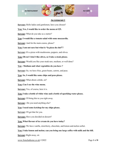 French, English dialogues at the restaurant, at the café, at the bar ...