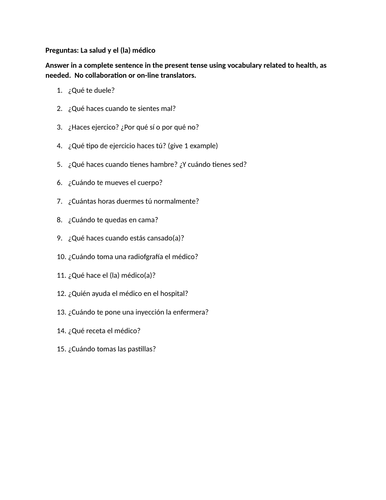 Questions: La salud y el medico | Teaching Resources