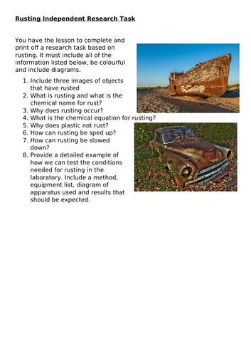 KS3 Chemistry Rusting Research ICT Lesson Task Sheet | Teaching Resources