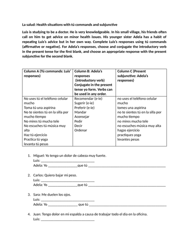 La salud: Health situations with tú commands and subjunctive | Teaching ...