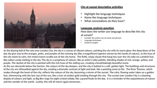 City sunset descriptive writing activities, language analysis question ...