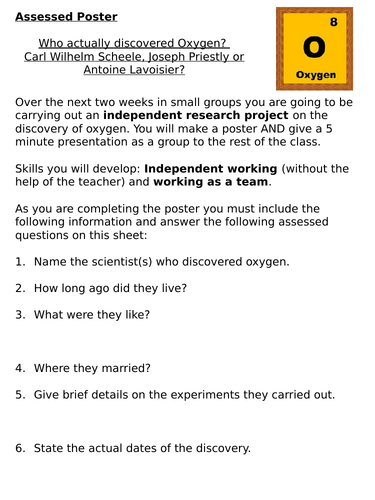 KS3 Chemistry Who Discovered Oxygen Assessed Poster Task With Learning ...
