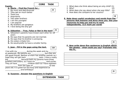 Family French Bubble Sheets - Reading and Comprehension activity ...