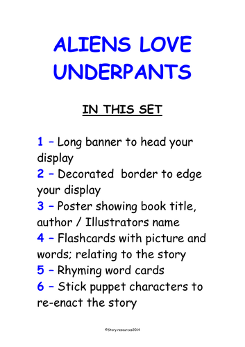 ALIENS LOVE UNDERPANTS LARGE STORY TEACHING RESOURCE SET EYFS LITERACY ...