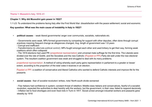 CIE A-level History 9489: Paper 4: Theme 1: Mussolini’s Italy, 1919-41 ...