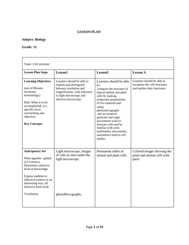 Sample lesson plan for cell structure, AS level biology | Teaching ...