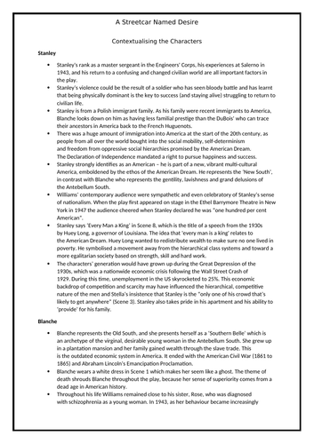 A Streetcar Named Desire Contextualising the Characters Handout ...
