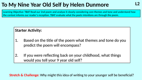 To My Nine Year Old Self Helen Dunmore Lesson Teaching Resources