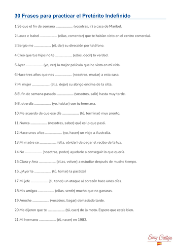 Spanish - 30 frases para practicar el Preterito Indefinido | Teaching ...