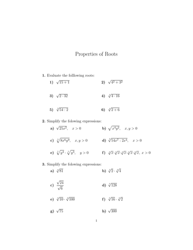 Properties of Roots Worksheet (with solutions) | Teaching Resources