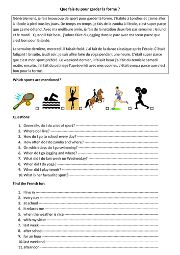 HEALTHY LIVING - LESSON 6 - TU ES EN FORME | Teaching Resources