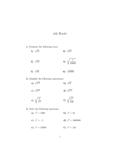 nth Roots Worksheet (with solutions) | Teaching Resources