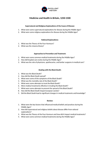 Medicine Through Time - Key Topic 1 Revision Quiz, 1250-1500 | Teaching ...
