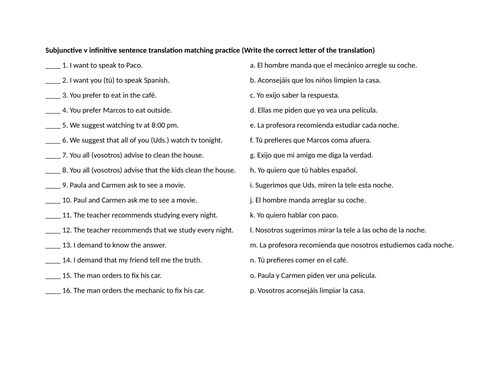 Subjunctive v infinitive sentence translation matching practice ...