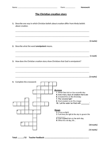 KS3 RE Christian Creation Homework worksheet | Teaching Resources