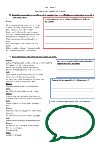 Romeo and Juliet Act 1 Scene 5 Worksheet | Teaching Resources