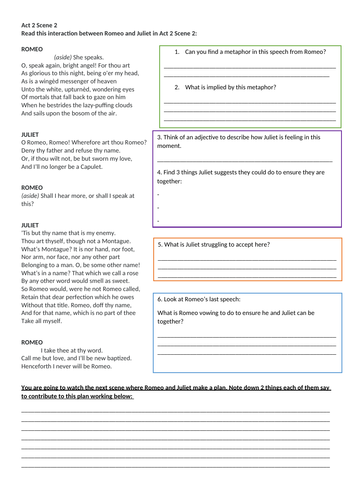 Romeo and Juliet Act 2 Scene 2 worksheets | Teaching Resources