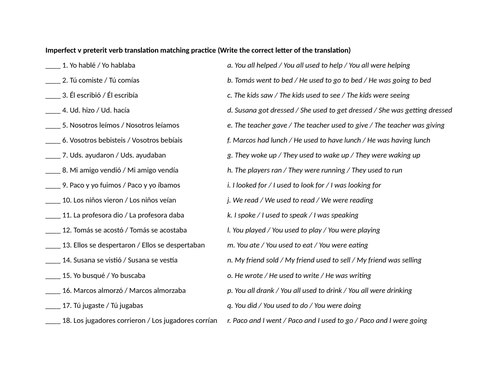 Imperfect v preterit verb translation matching practice | Teaching ...