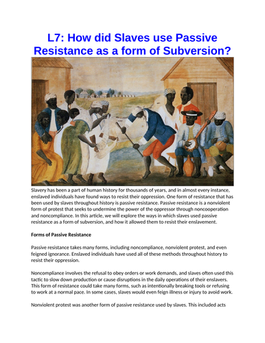 Slavery Passive Resistance Slave | Teaching Resources