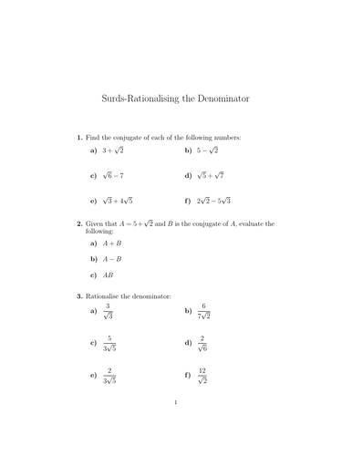 Surds-Rationalising the Denominator Worksheet (with solutions ...