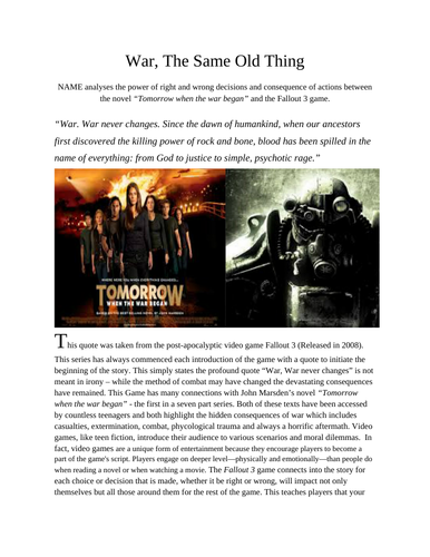 Tomorrow When the War Began - Feature Article Assessment | Teaching ...