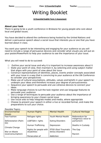 12 Essential English IA1 - Persuasive Speech writing booklet and PPT ...
