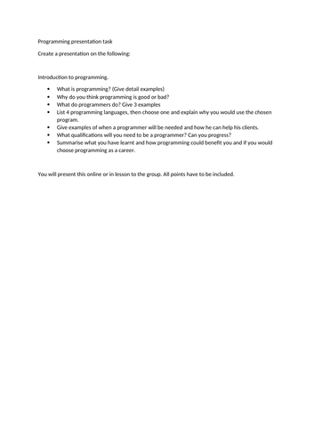 Introduction to programming Presentation Task | Teaching Resources Introduction to programming Presentation Task | Teaching Resources