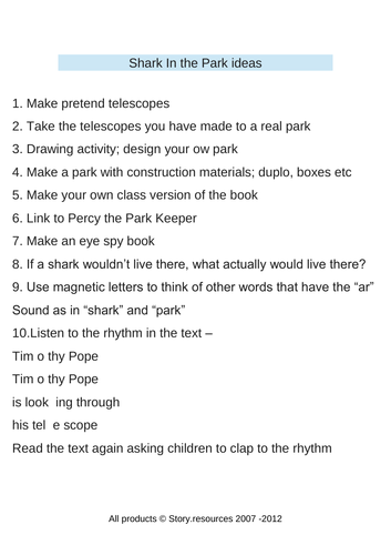 SHARK IN THE PARK STORY BOOK TEACHING RESOURCE LITERACY EYFS KS1 ...