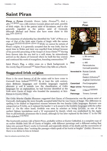 Saint Piran ( died c.480) Cornish abbot and saint Feast Day 5th March ...