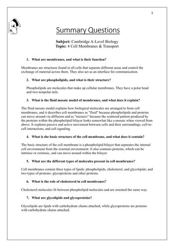 Cambridge International A-Level Biology - Topic 4 - Cell Membranes ...