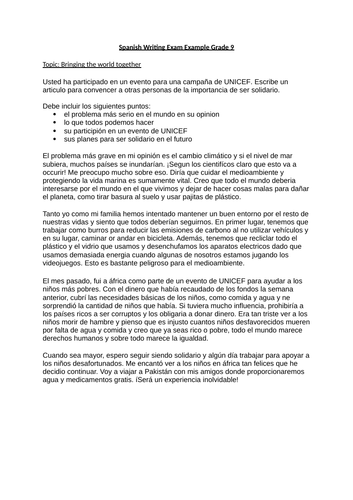 Grade 9 GCSE Spanish Writing Example Higher- World Problems | Teaching ...