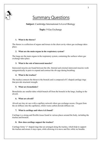 Cambridge International A-Level Biology - Topic 9 - Gas Exchange ...