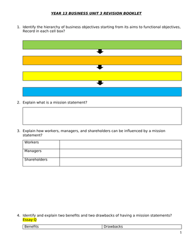 Edexcel IAL Business Unit 3 Revision Booklet and Worksheet Activity ...