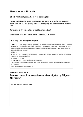 AQA psychology - social influence - 16 mark question writing frame ...