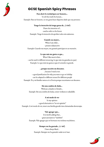 GCSE Spanish Spicy Phrases List | Teaching Resources