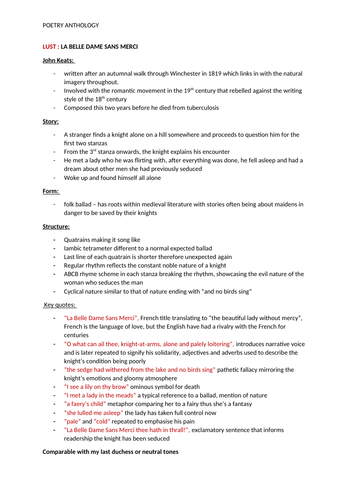 GCSE EDEXCEL ENG LIT LOVE & RELATIONSHIPS POETRY ANTHOLOGY SUMMARY ...
