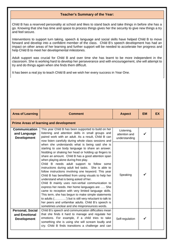 EYFS End of year report comments statements Girl SEN EAL | Teaching ...