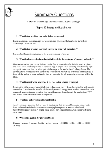 Cambridge International A-Level Biology - Topic 12 - Energy ...