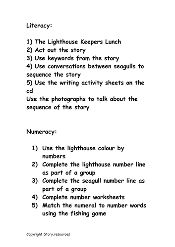 THE LIGHTHOUSE KEEPER'S LUNCH STORY RESOURCES WORKSHEETS EYFS KS1 ...