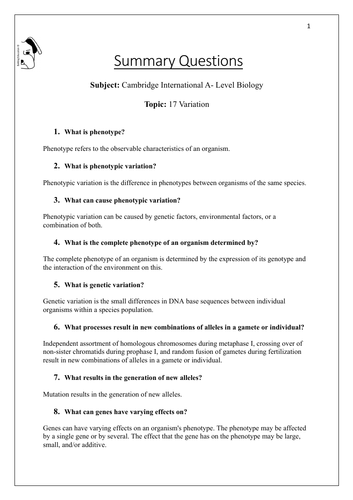 Cambridge International A-Level Biology - Topic 17 - Variation ...