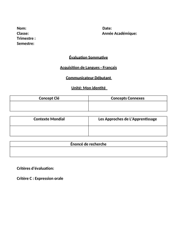 MYP French Summative Assessment - Expression Orale - Débutant - Mon ...
