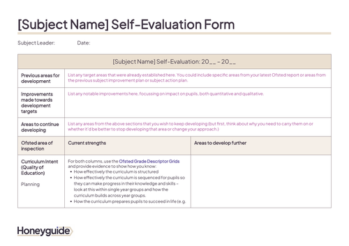 Subject Leader Self Evaluation Form (SEF) | Teaching Resources