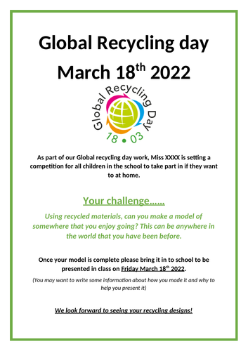 Global recycling day competition and plan | Teaching Resources