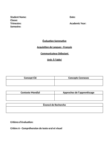 MYP French Summative Assessment - Compréhension Orale - Débutant - A ...