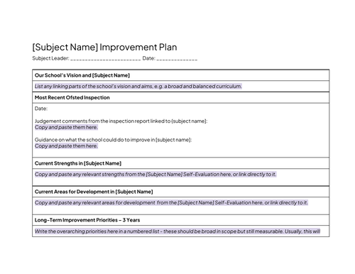 Subject Leader School Improvement Plan | Teaching Resources