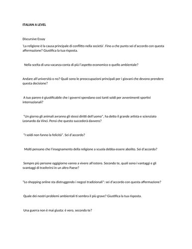 Italian A Level - a bank of discursive essay questions | Teaching Resources